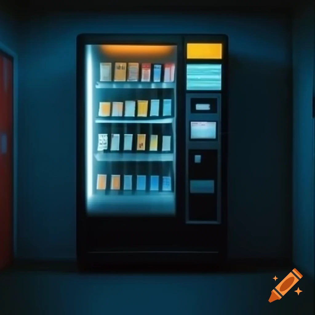 Vending machine with eyes in a dimly lit room on Craiyon