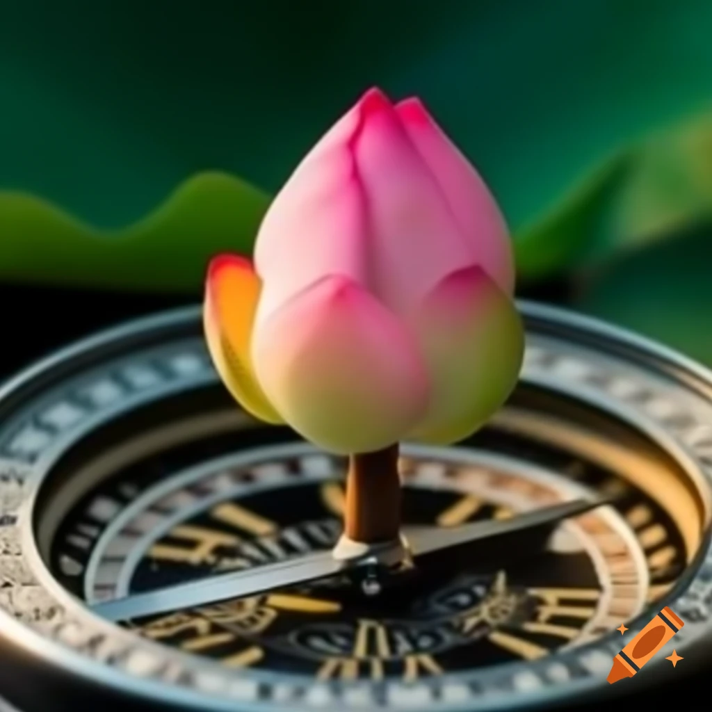 Pink lotus bud resting on top of a compass on Craiyon