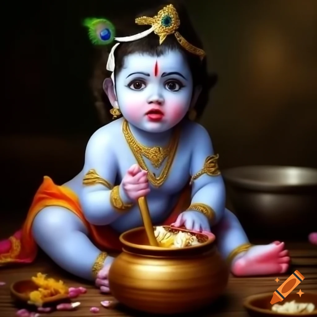Baby Krishna enjoying white venna from a pot in traditional Hindu art ...