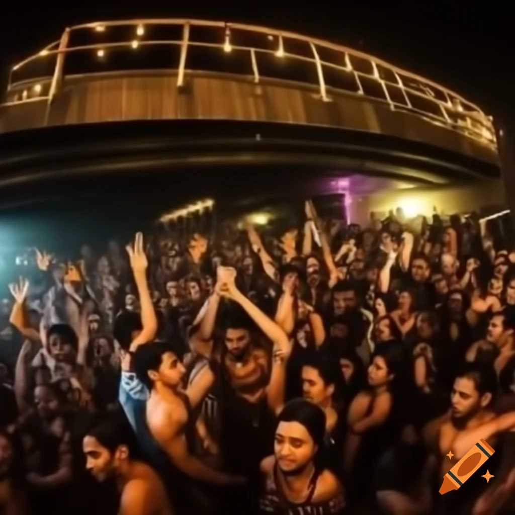 Goa rave party under a bridge with vibrant decorations and lighting on ...