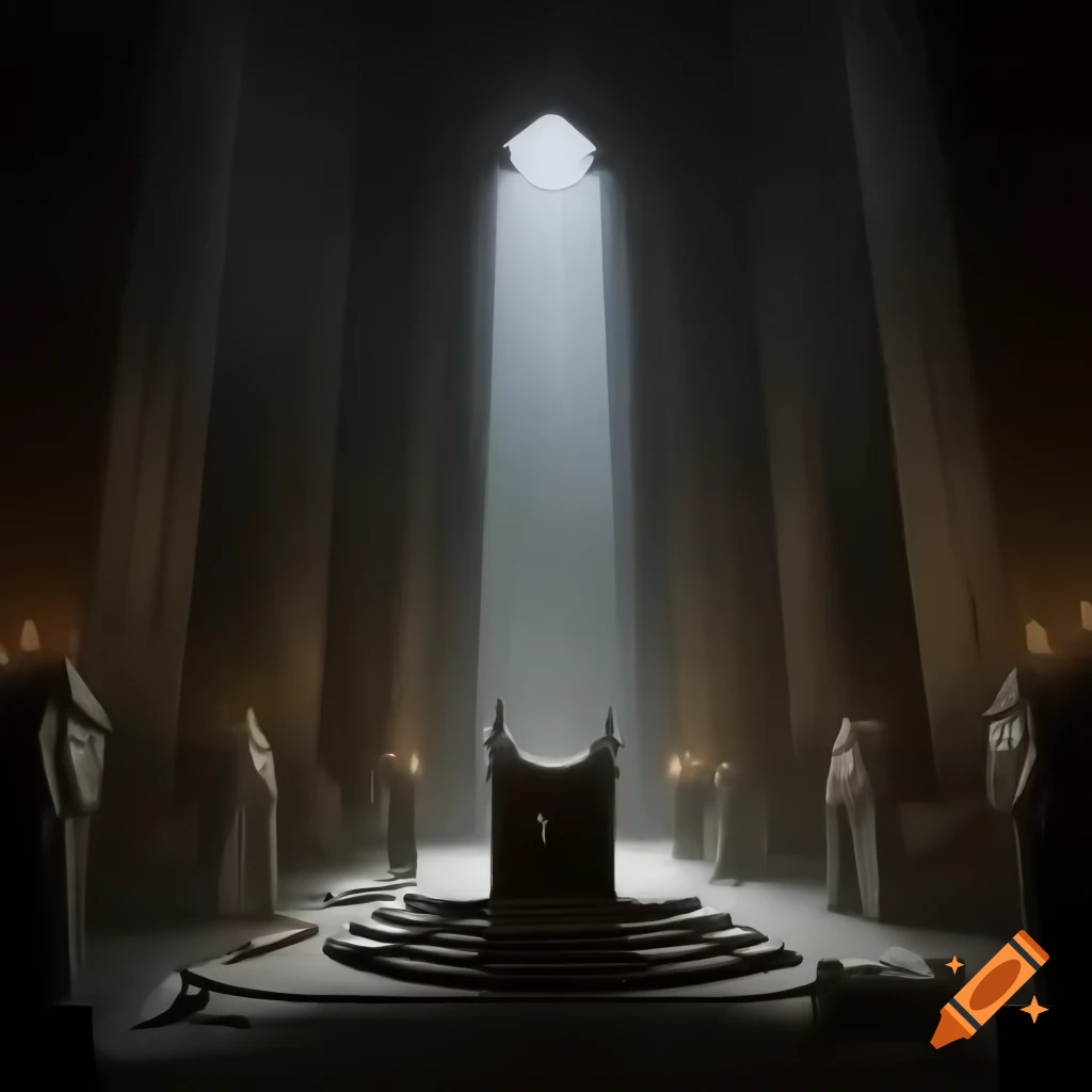 Gloomy medieval royal chamber with throne and conspirators, oil ...