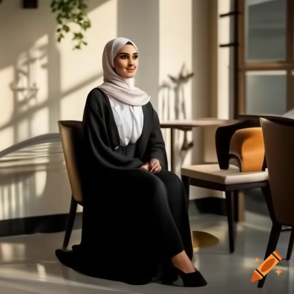 Modern Arab woman in black abaya and light hijab smiling in elegant ...
