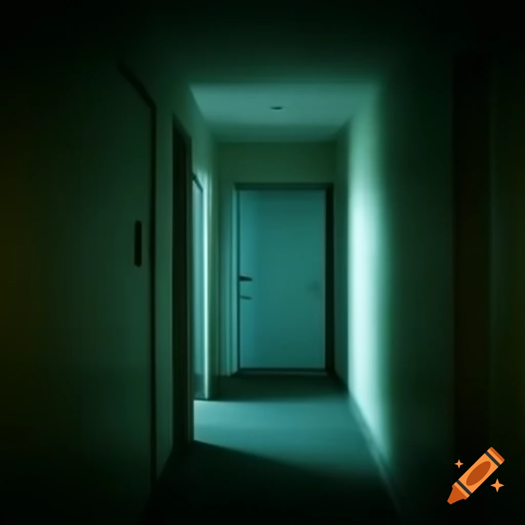 Quiet dormitory hallway at night with closed room door and dim lighting on Craiyon