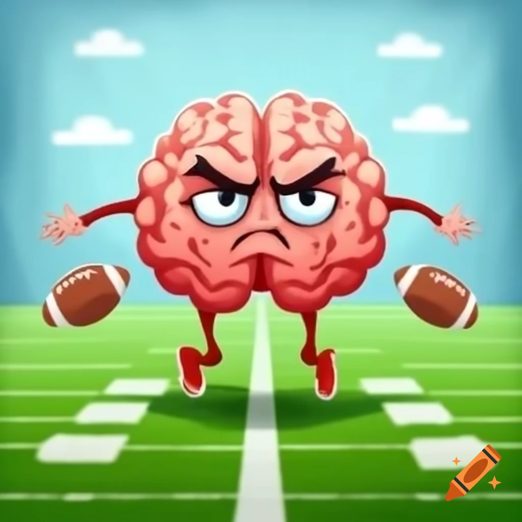 Cartoonish brain anxiously running down football field on Craiyon