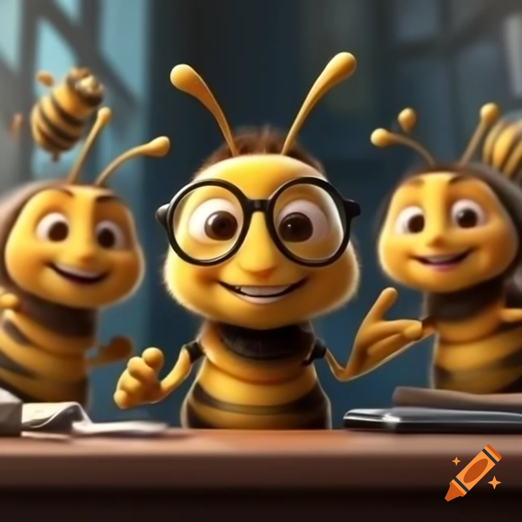 Cute bee in glasses teaching programmatic advertising to other bees in an office on Craiyon