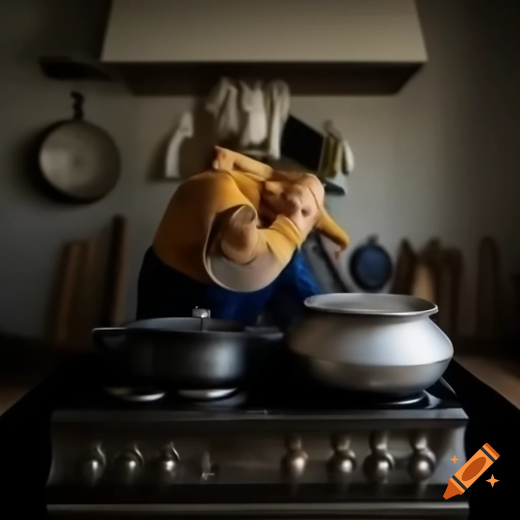 Humorous scene of a person with head in cooking pot and another playing ...