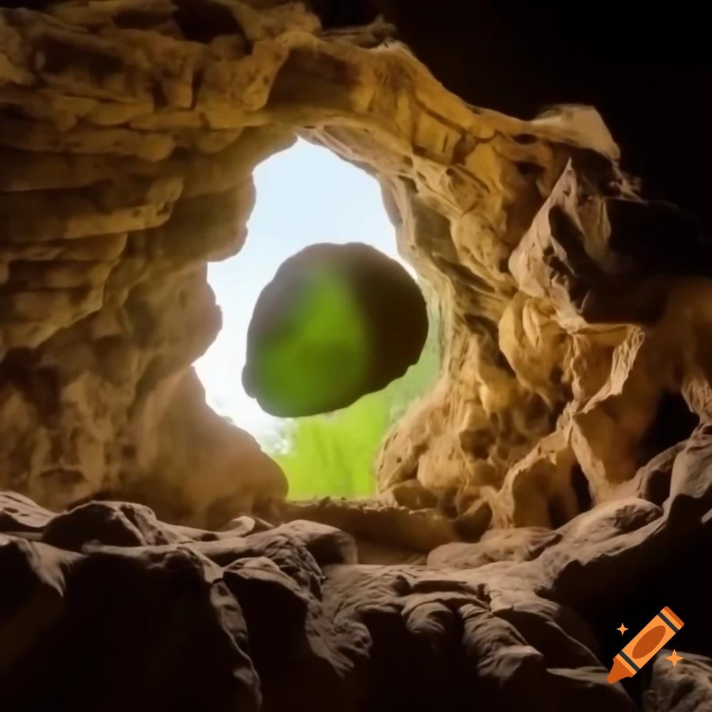 Cyclops rolling a big stone to close a cave with sheep inside on Craiyon