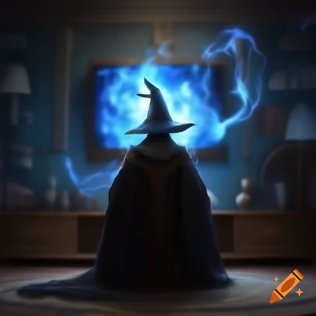 Wizard with television head casting spell in clean living room on Craiyon