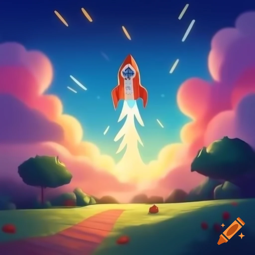 Cartoon 3D rocket creating sparkling path in vibrant sky, Indian ...