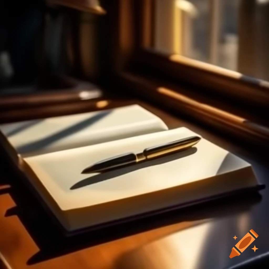 Beautiful blank book and pen on wooden desk with golden cinematic light ...