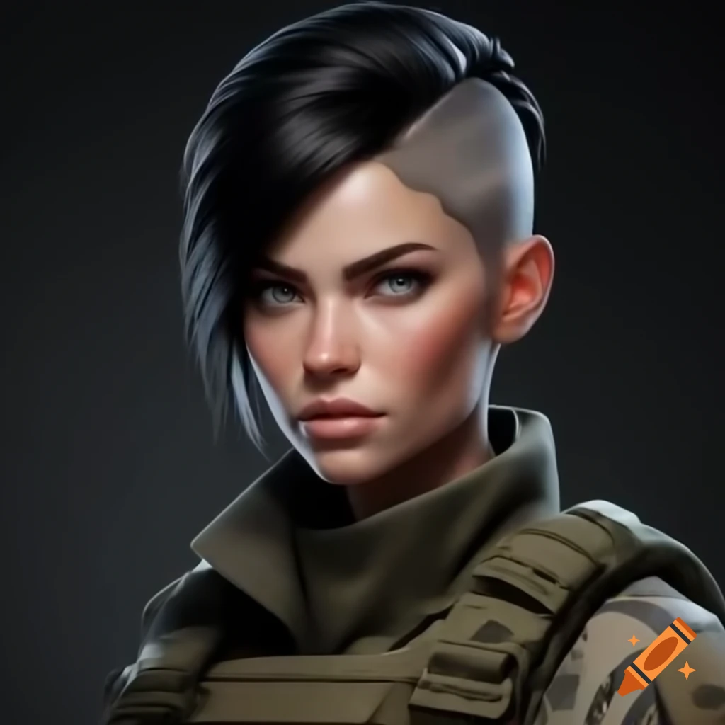 Modern female soldier in tactical vest with gray eyes and short black ...