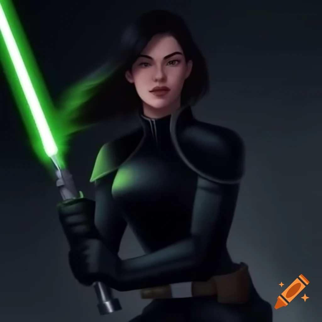 Woman in black combat suit wielding lightsaber in combat stance at ...