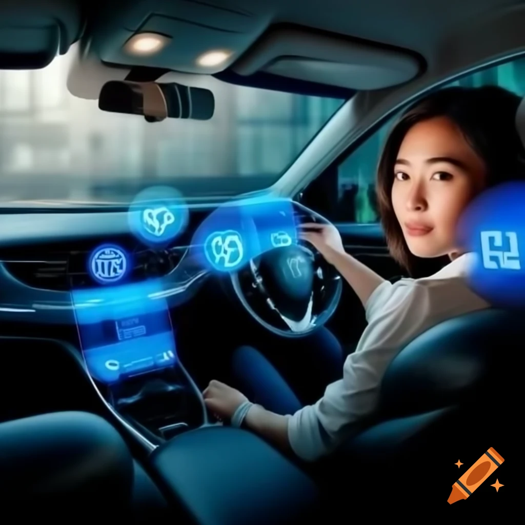 Confident female Asian driver focused on dashboard indicators on Craiyon