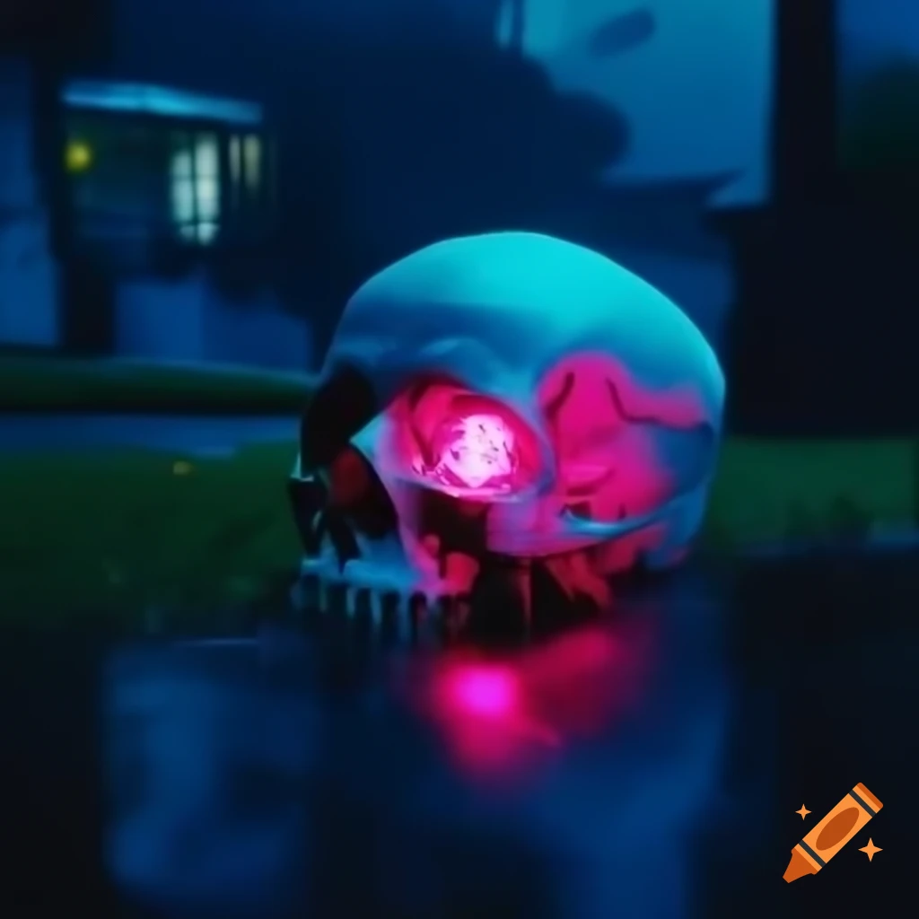 Cinematic double exposure of neon pink skull with rainy suburban night ...