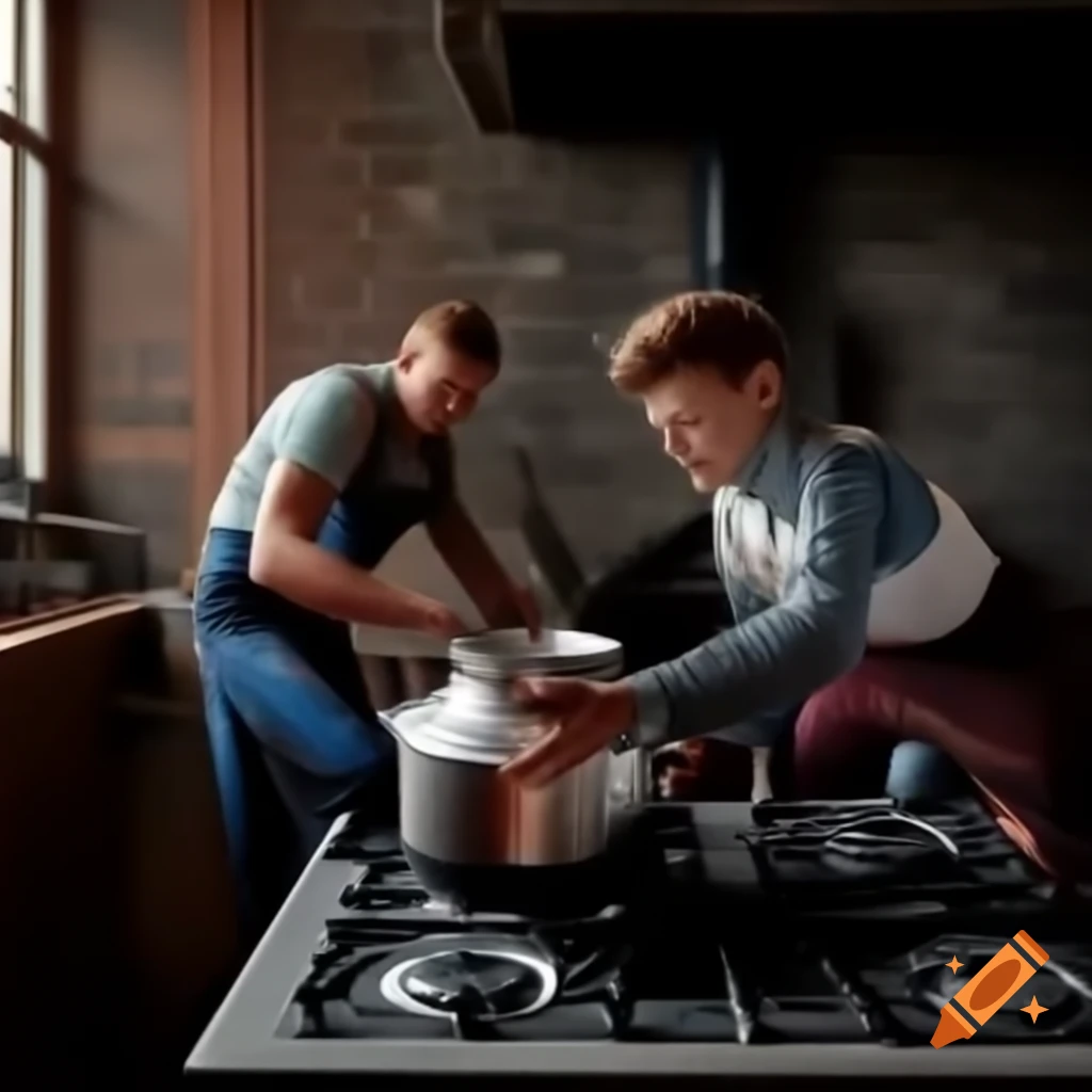 Humorous scene of a person with head in cooking pot and another playing ...