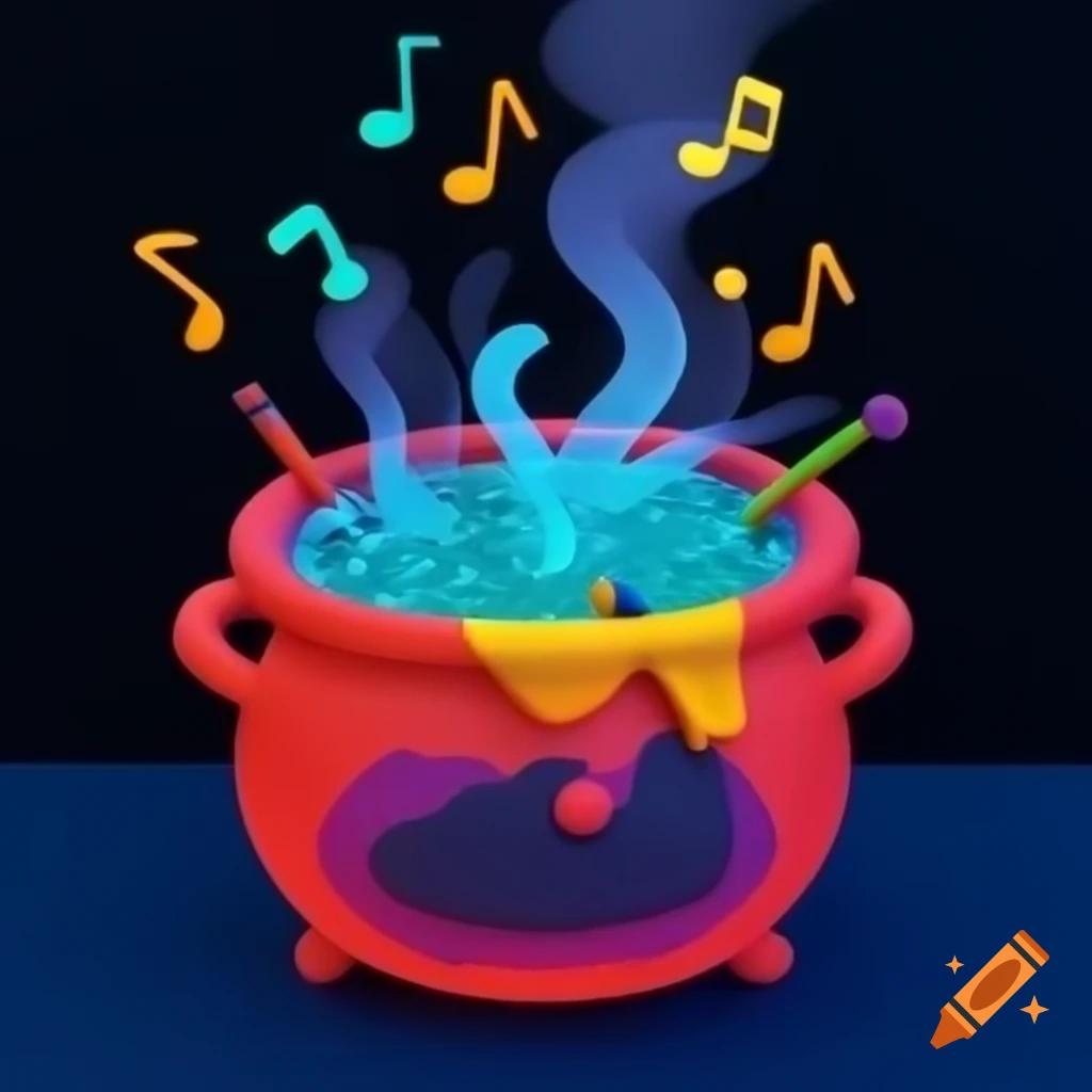 Colorful jazz-themed cauldron with music note smoke and mixing spoon on ...