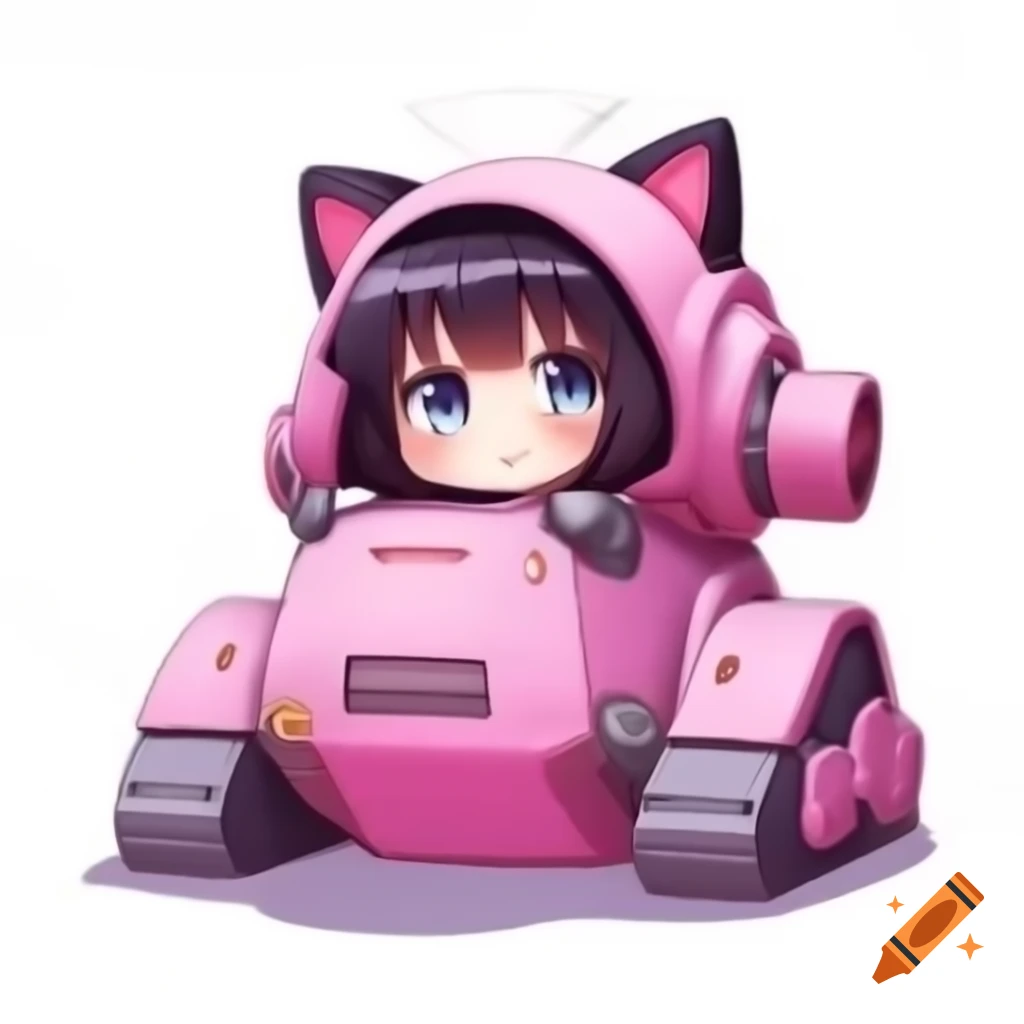 Chibi anime girl with cat ears in cockpit of pink mech robot on white ...