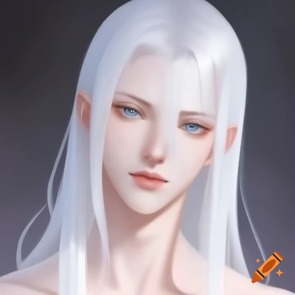 Young man with long white hair and blue eyes, featuring soft and ...