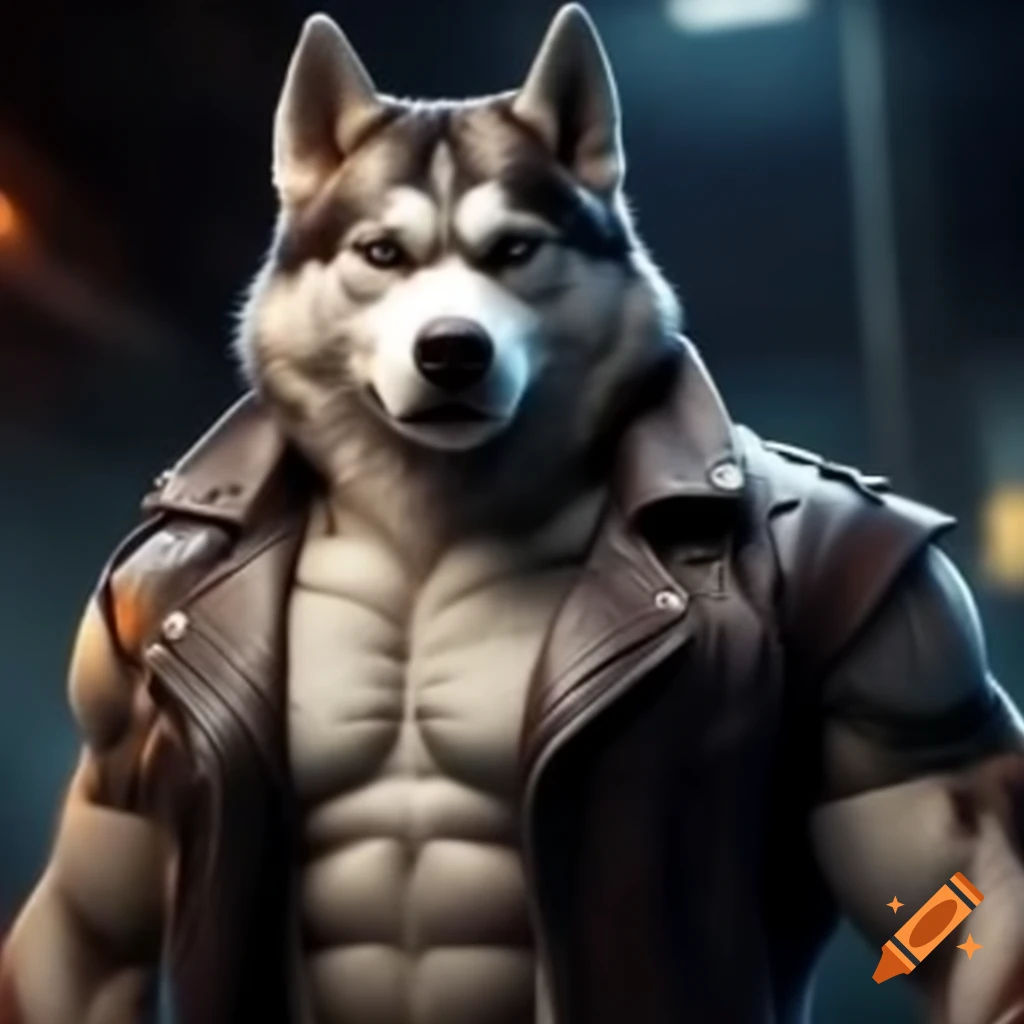 Anthropomorphic tall muscular husky in a biker jacket on Craiyon