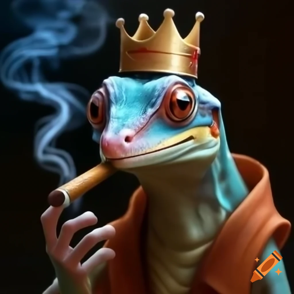 Gecko wearing a crown and smoking a cigar in a whimsical style on Craiyon