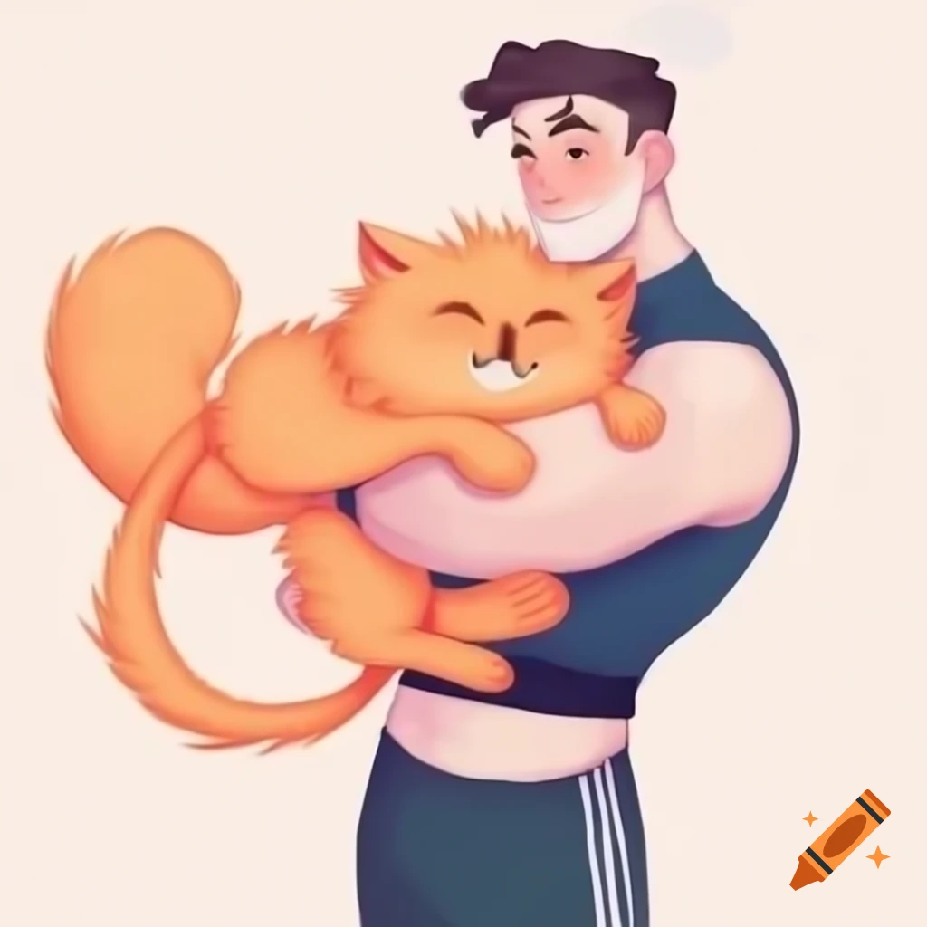 Athletic man with shaved head playfully cuddling a fluffy orange cat on ...