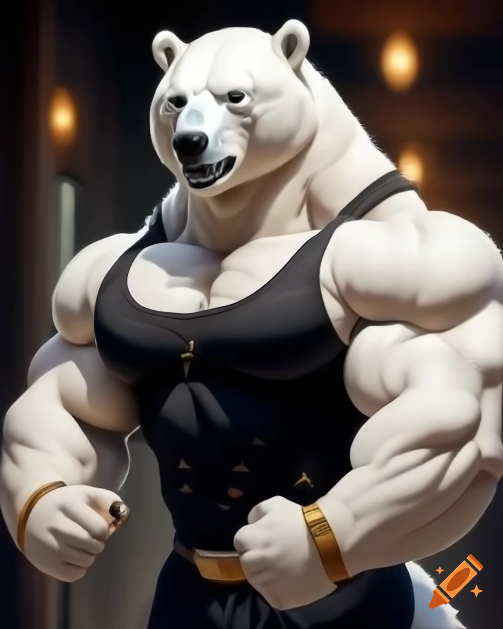 Muscular anthropomorphic polar bear flexing in black tank top, smiling ...