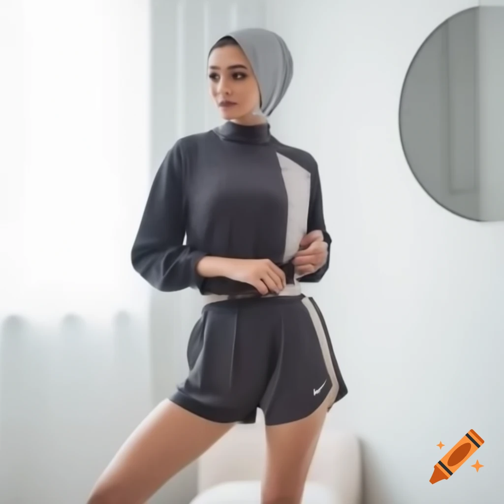 Young woman in hijab and sporty outfit standing in bright, minimalistic ...