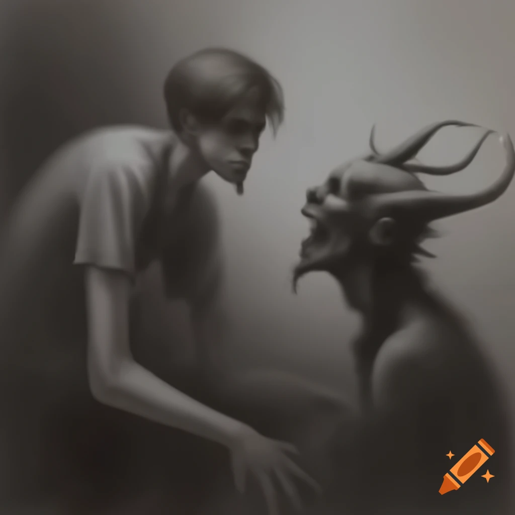 Man next to a pencil-drawn scary devil character on Craiyon