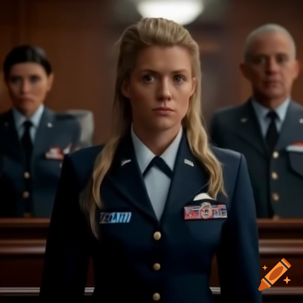 Woman in air force uniform in courtroom, officer removing rank insignia ...