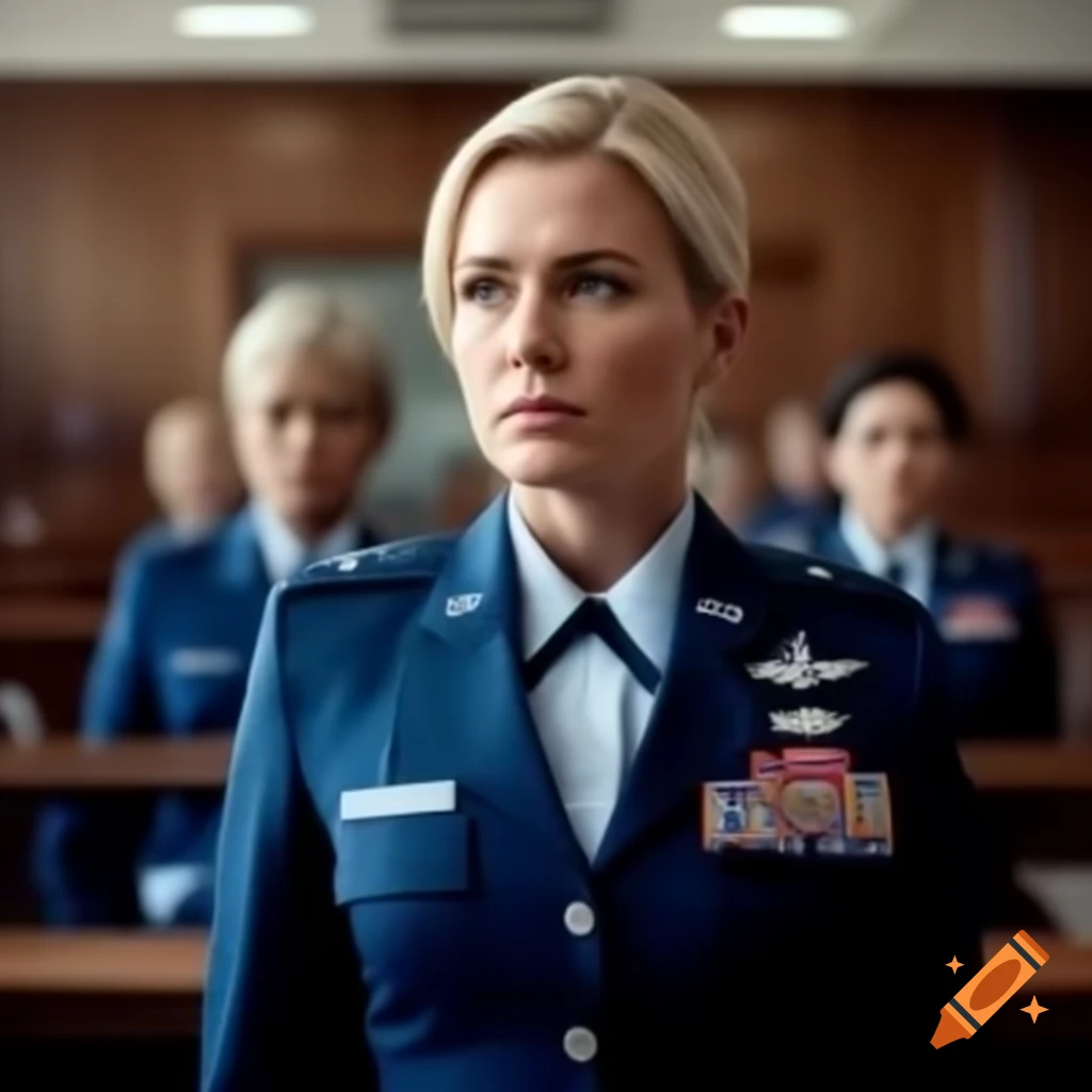 Blonde woman in air force uniform in courtroom reacting to demotion on ...