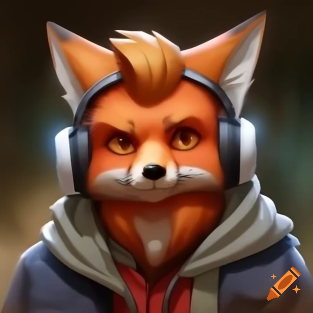 Anime fox man with humanoid features, ginger beard, headphones, and ...