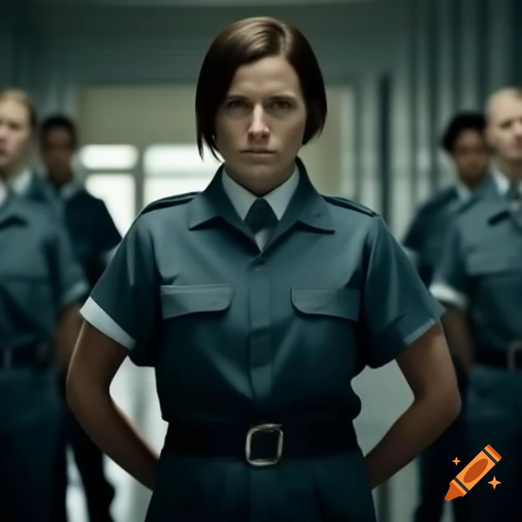 Woman in prison guard uniform holding a riding crop, showcasing ...