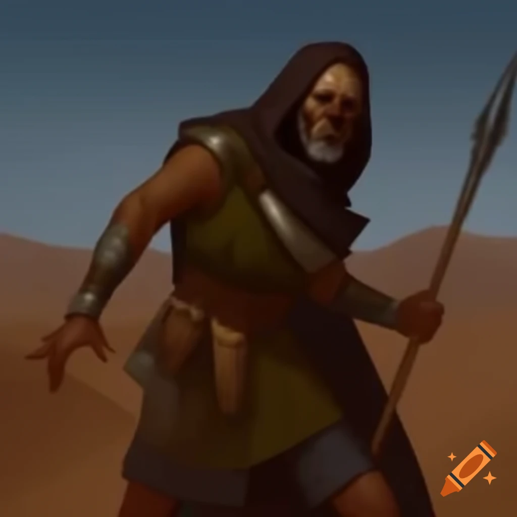 Sci-fi desert mercenary with spear and veiled face in dynamic pose on ...