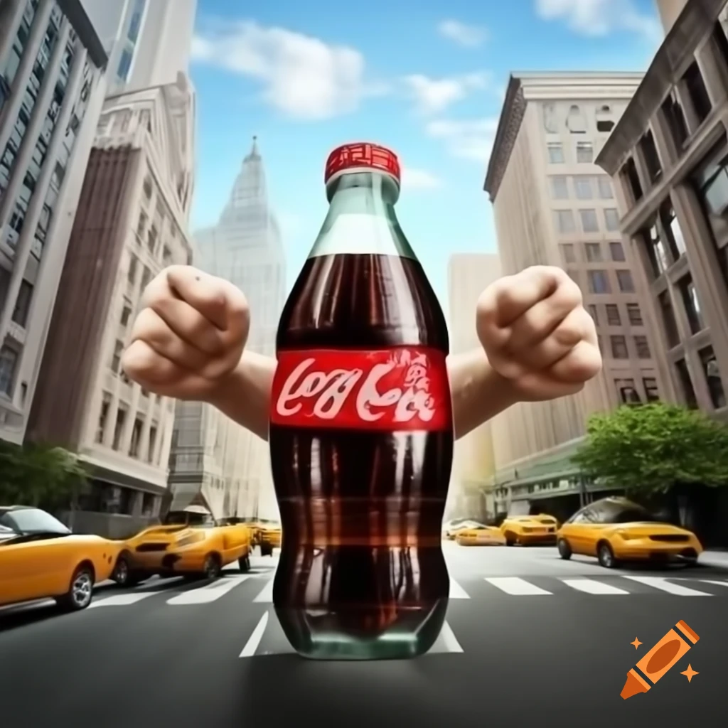 Anthropomorphic Coca-Cola bottle with muscular arms holding spoon in ...