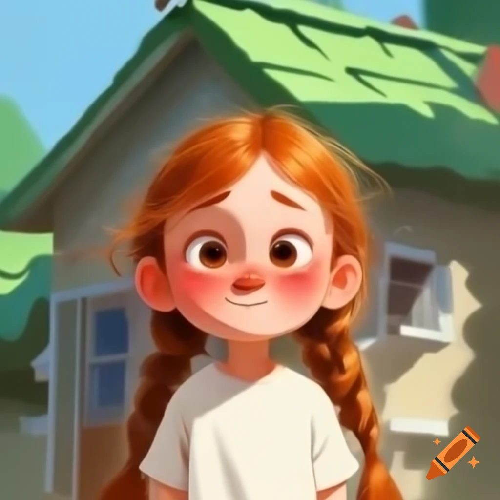 Cartoon girl with freckles and braided red hair in front of green roof ...