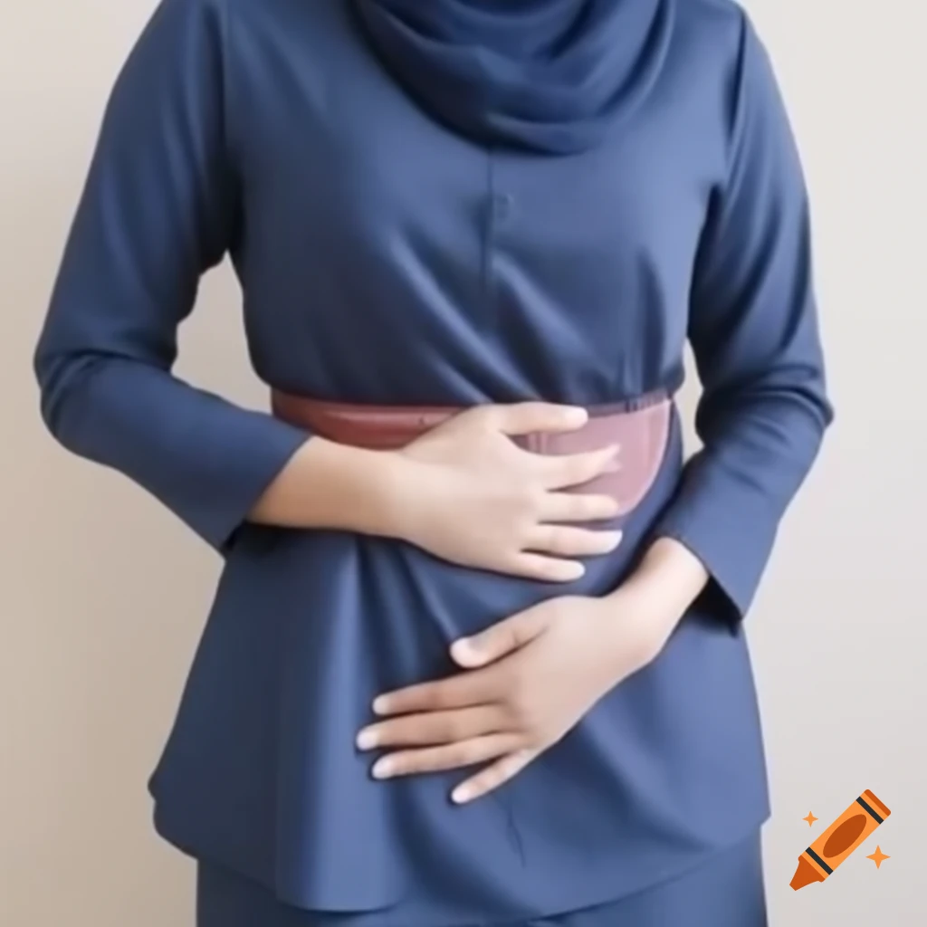 Anime woman in baju kurung wearing belt, expressing stomach pain and ...