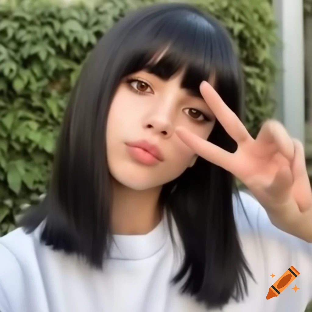 Tomboy Latina with bangs and long black hair holding peace sign in ...