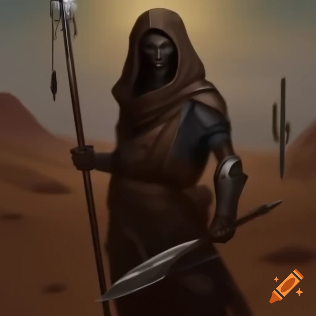 Sci-fi desert mercenary with spear and veiled face in dynamic pose on ...