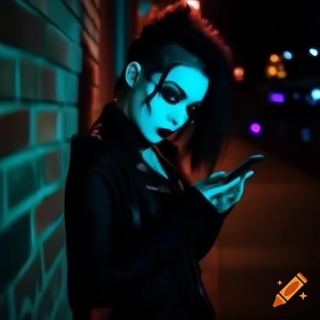 Goth woman hacking a phone against brick wall at night with observant ...