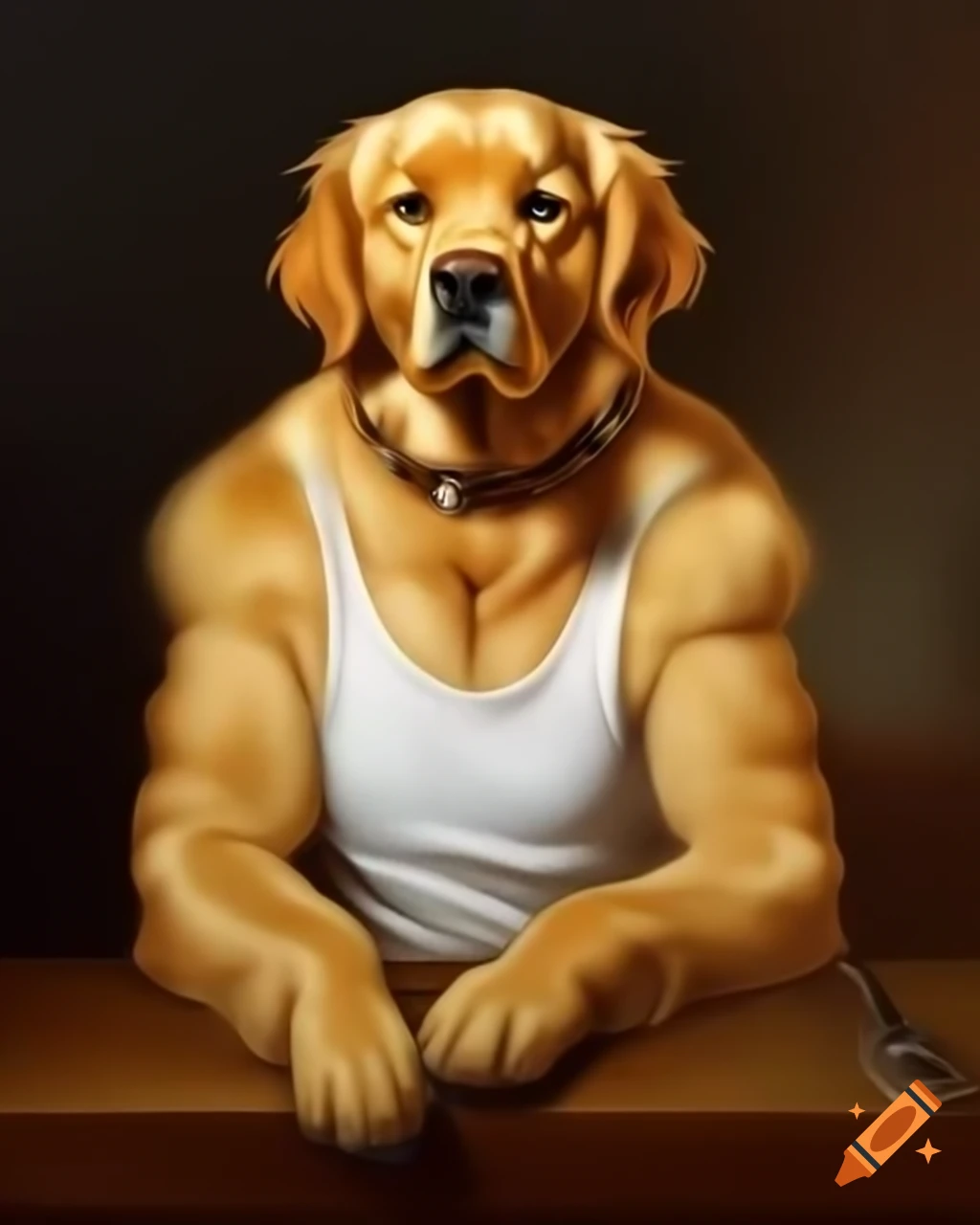 Muscular anthropomorphic golden retriever man in oil painting, leaning ...