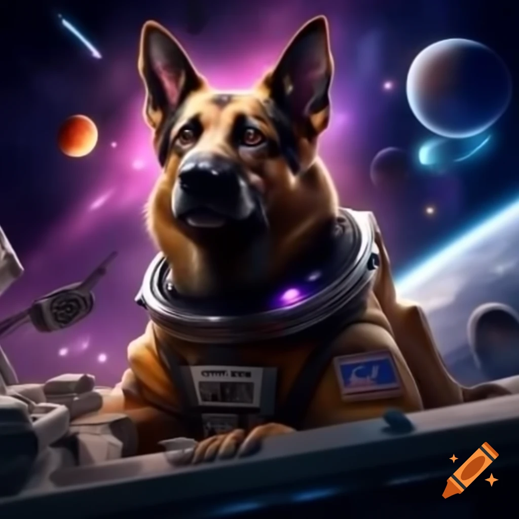 German shepherd dog in astronaut suit in colorful space with shooting ...