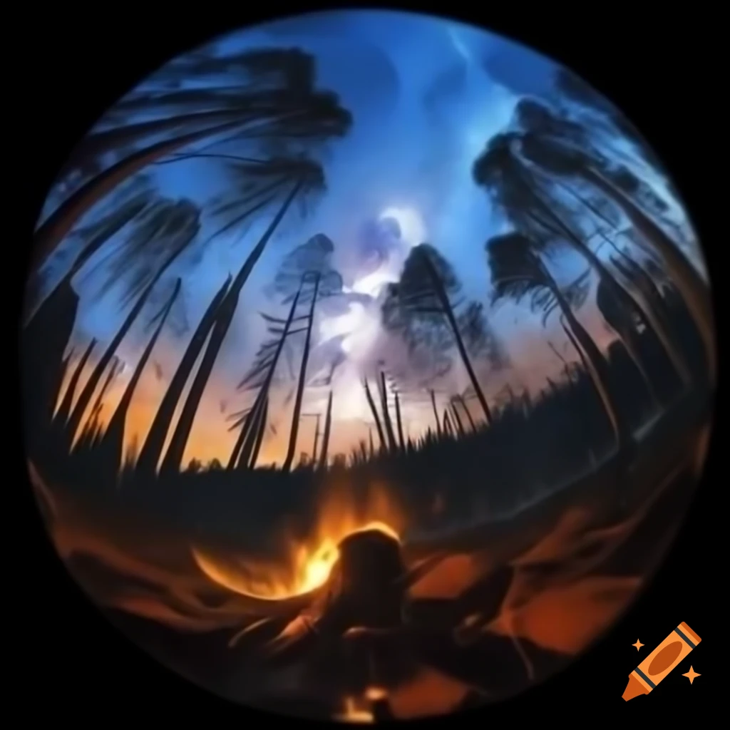 Cinematic view of circle of trees in wooded forest illuminated by off ...