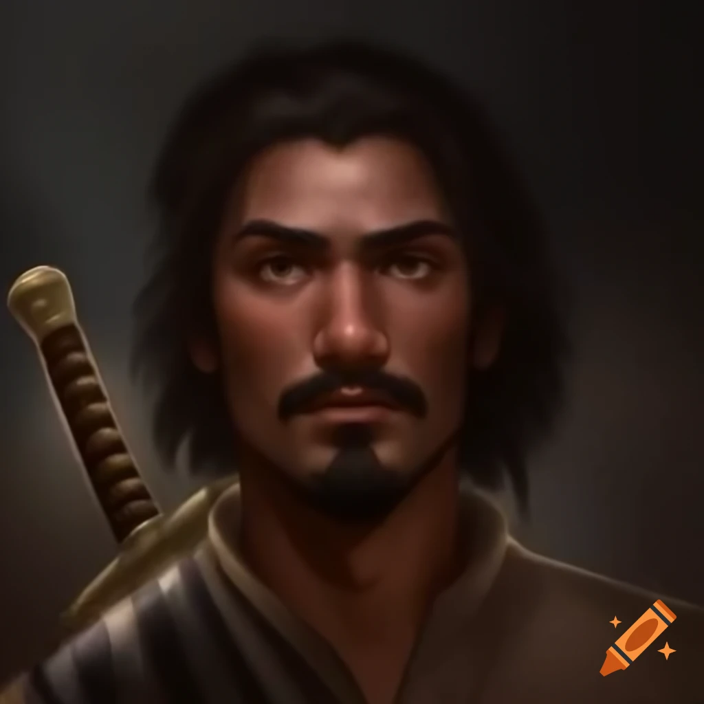 Fencing master with matted hair holding sword, proud stance on Craiyon