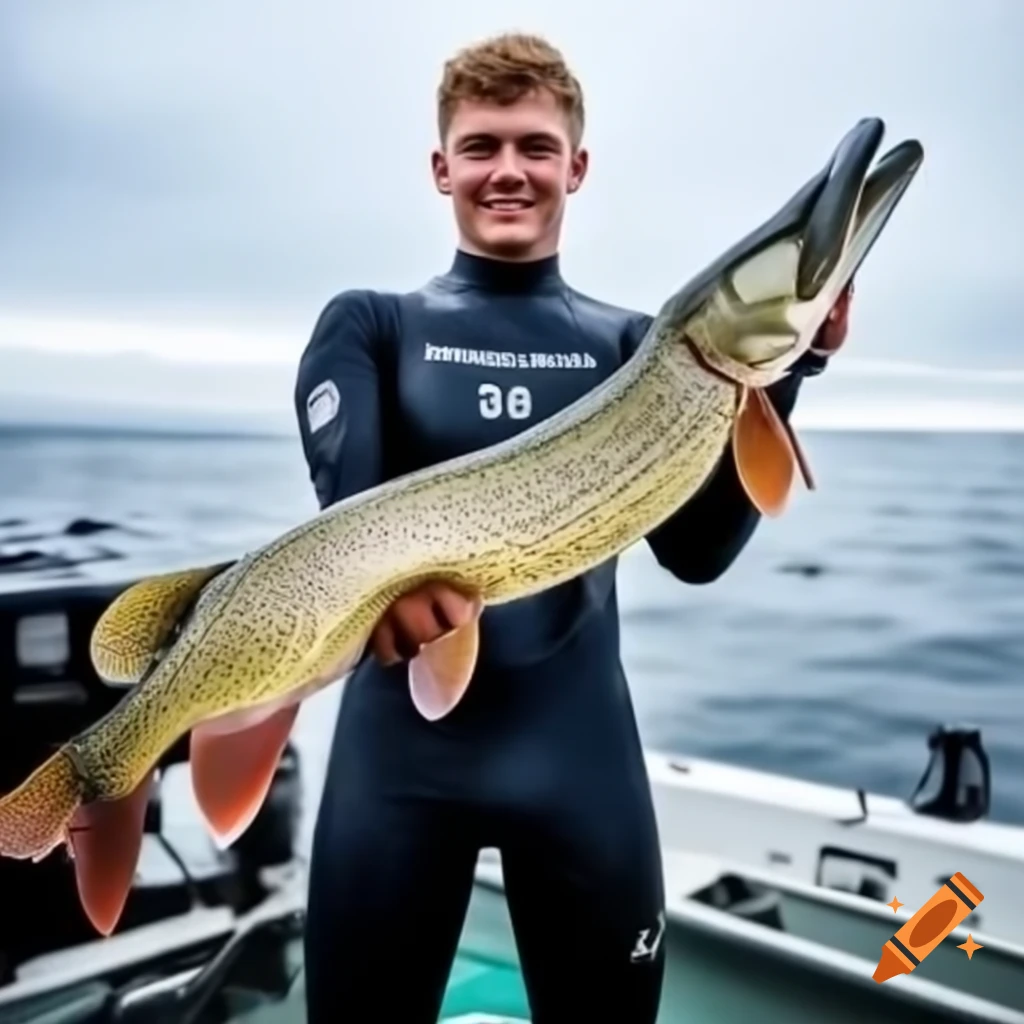 Young man in wetsuit holding pike on boat deck on Craiyon