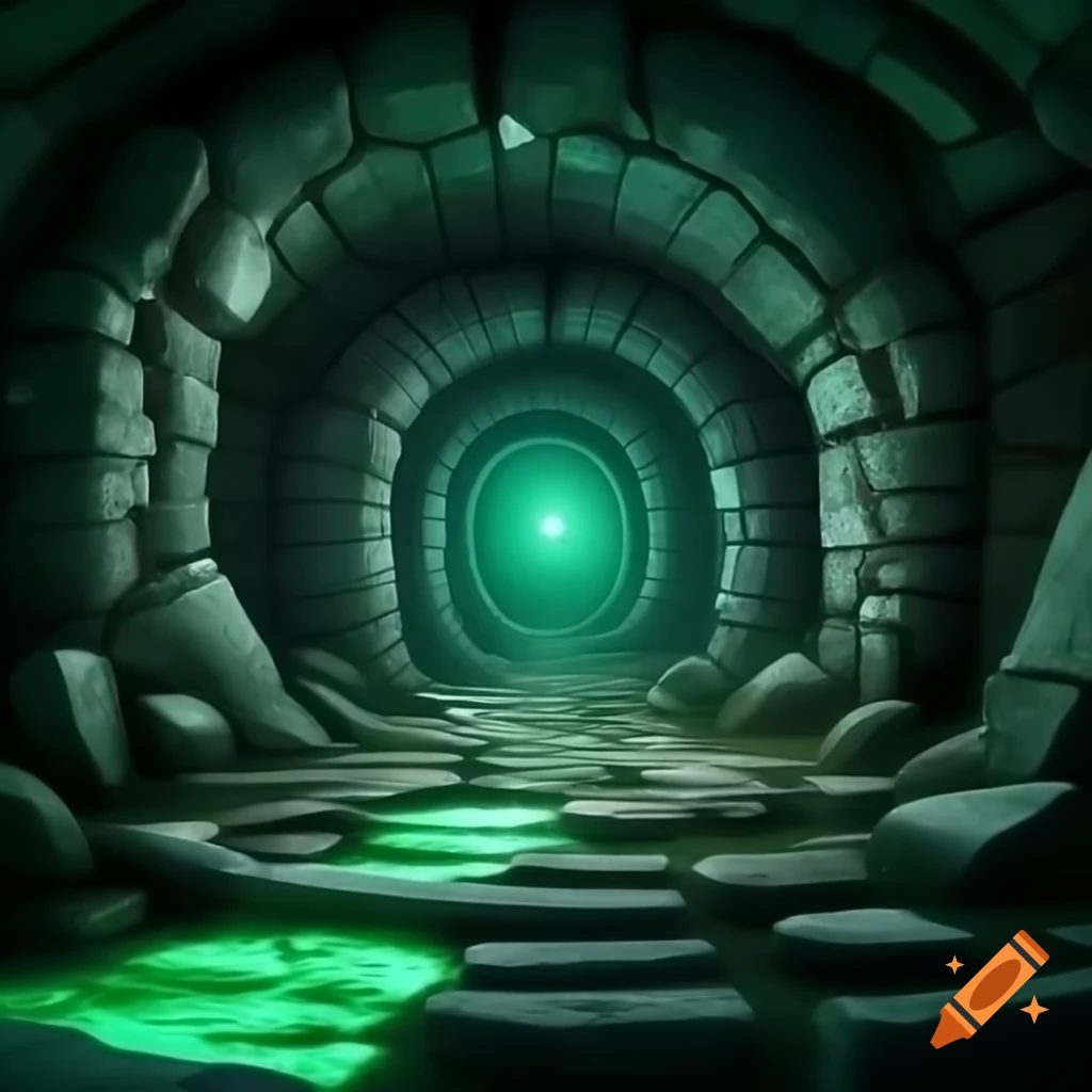 Twisting paths of a forgotten labyrinth illuminated by eerie emerald glow on Craiyon