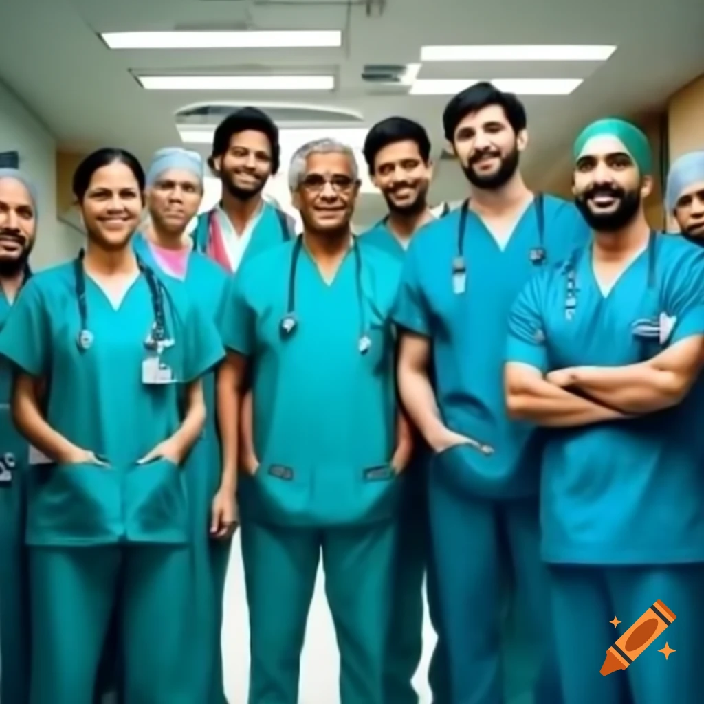 Diverse team of Indian doctors in teal scrubs in busy hospital on Craiyon