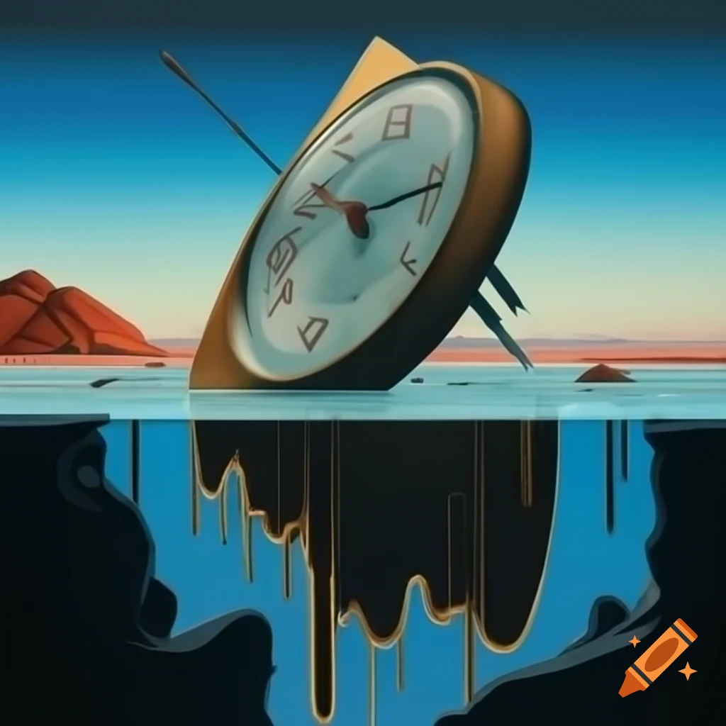 Surreal painting with melting clocks over distorted landscapes on Craiyon