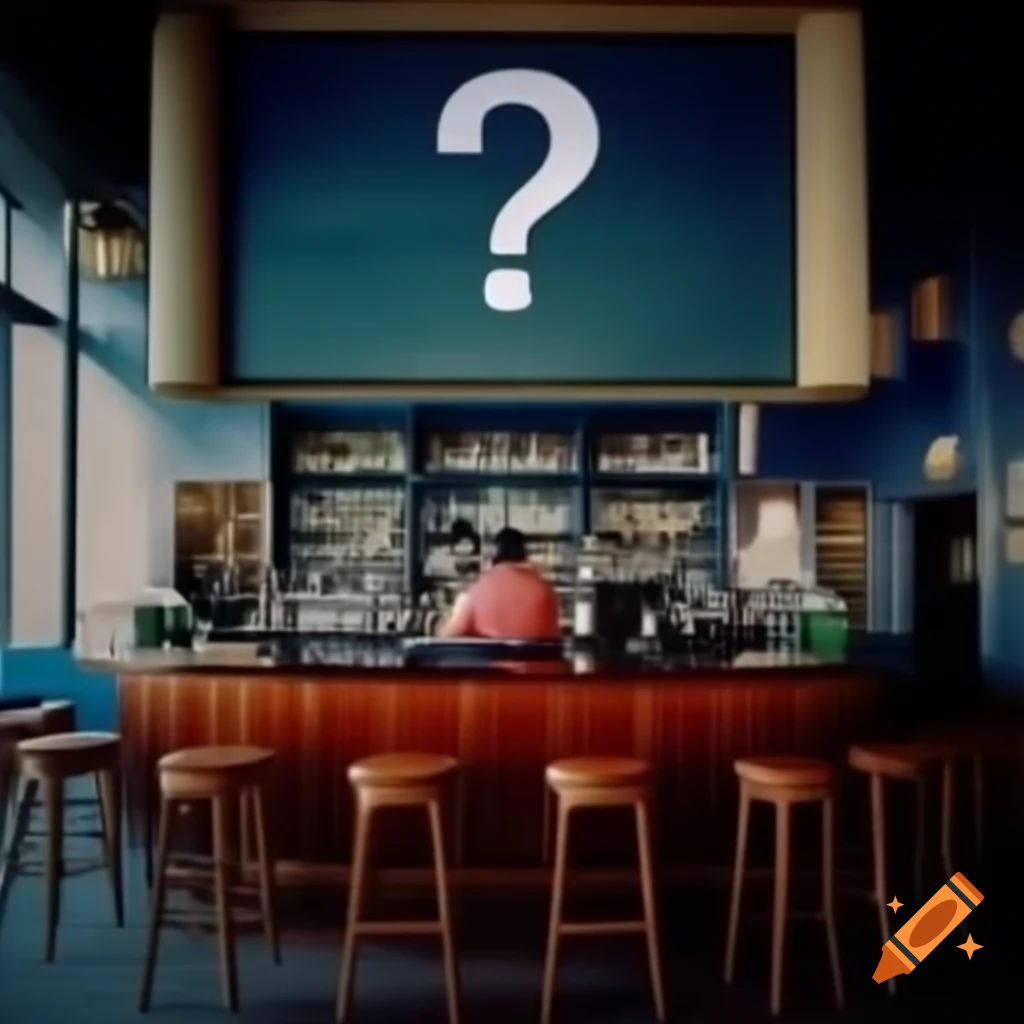 Colorful space-themed bar with large question mark sign on the wall on ...