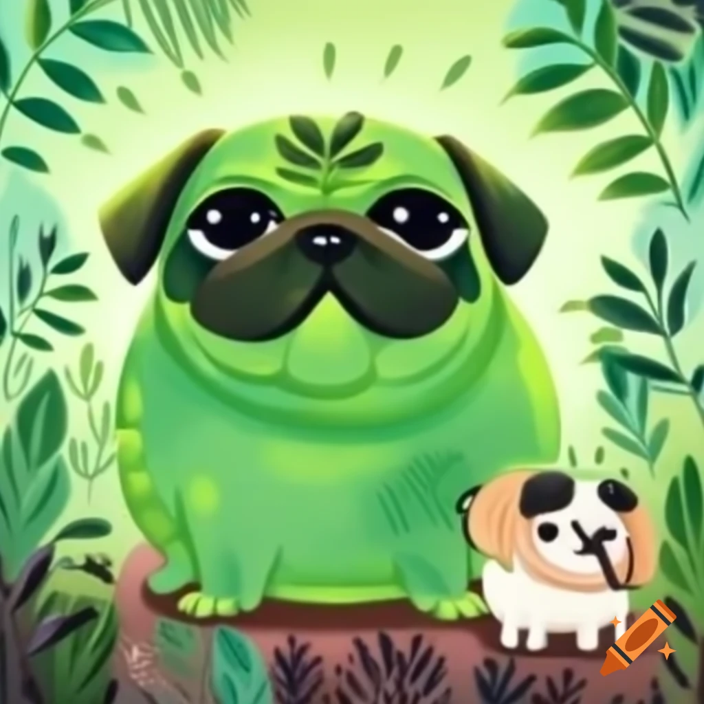 Green pug made of plants, artistic style with no background on Craiyon