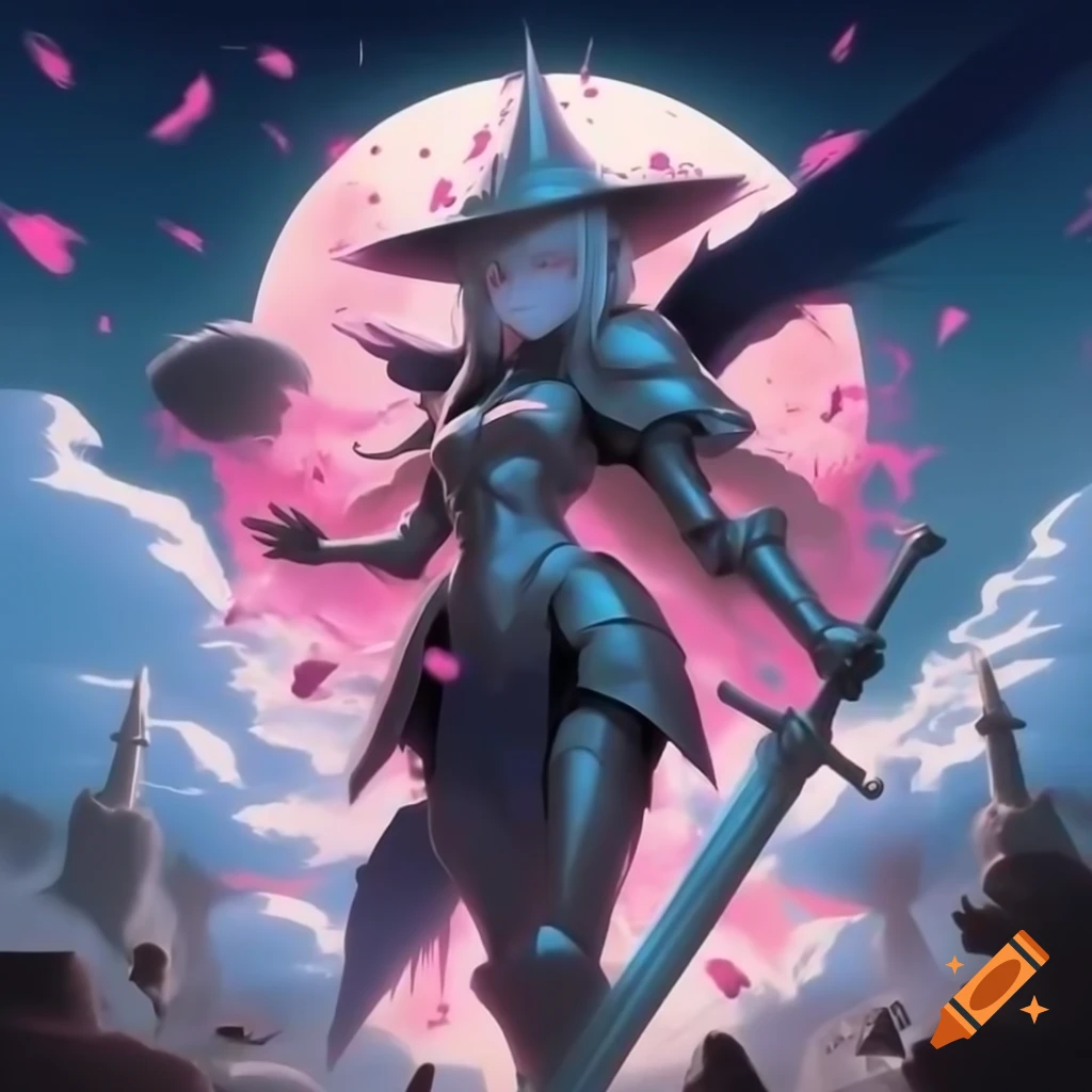 Anime siren knight in metallic armor and wizard hat flying with stained ...